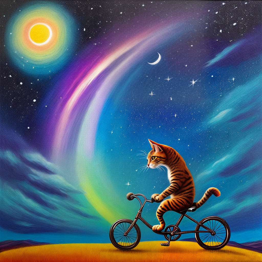 Oil canvas of a cat riding through the stars on a rainbow bicycle