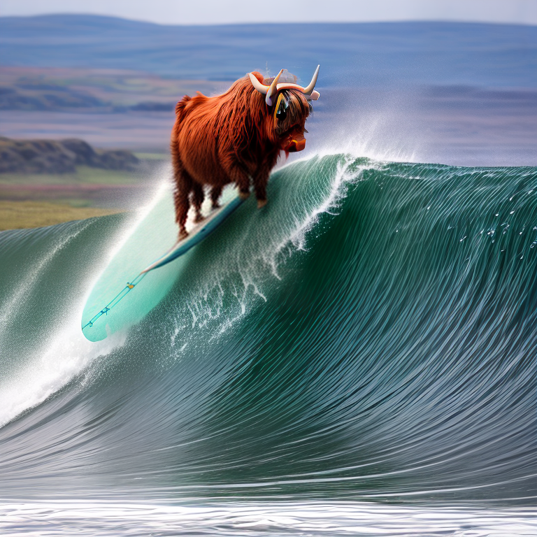Highland cow surfing
