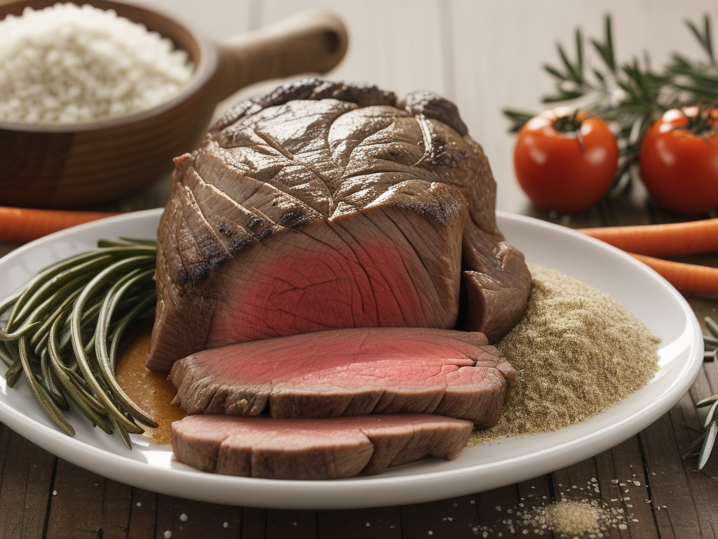 A Delectable Roast Beef Platter with Fresh Herbs and Spices
