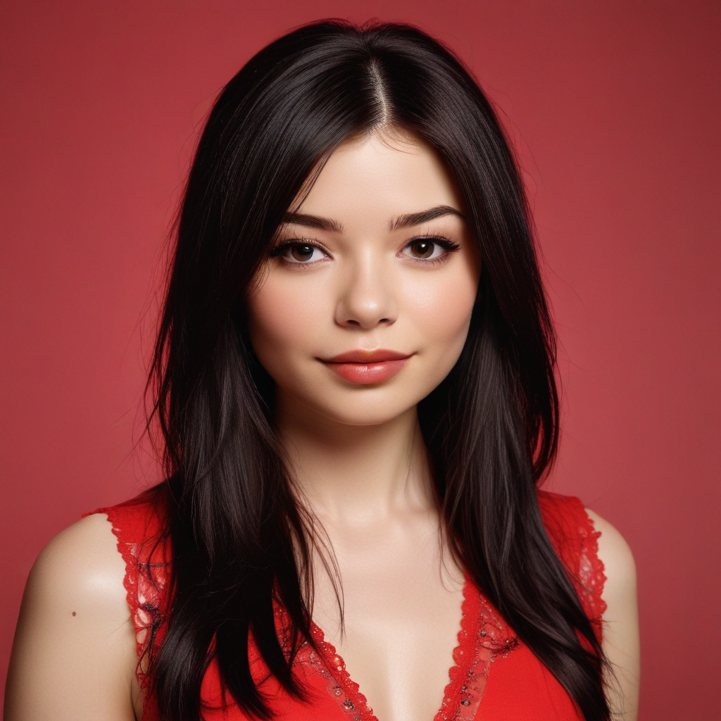 Miranda Cosgrove with fringe and long hair a red background for an ...