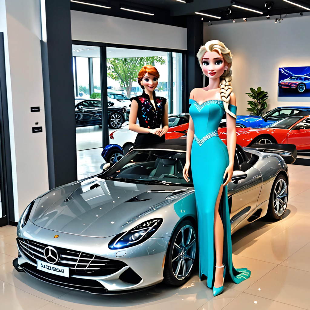 Elsa and Anna with sport car in showroom
