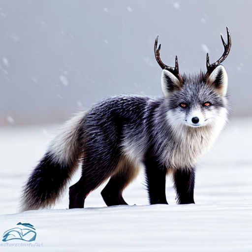 arctic fox, with wings, with antlers, snow flakes