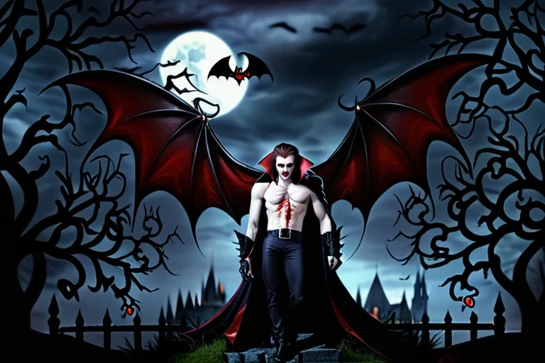 Dark and Mysterious Vampire Standing Under a Full Moon and Bats