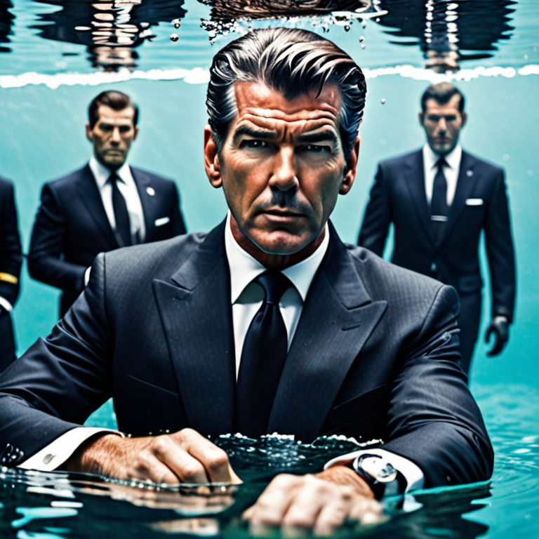Pierce Brosnan as a suit-clad spy fighting goons underwater
