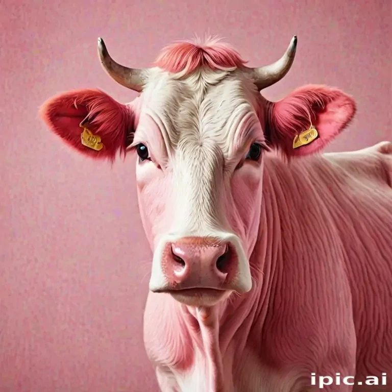 A Cheerful Pink Cow with Playful Hair Stands Against a Soft Background