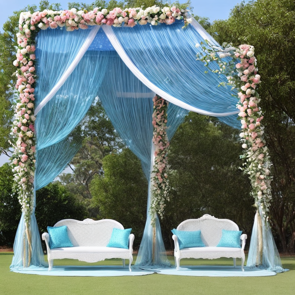 create me a couple seating stage with sofa and havey decorated backdrop ...