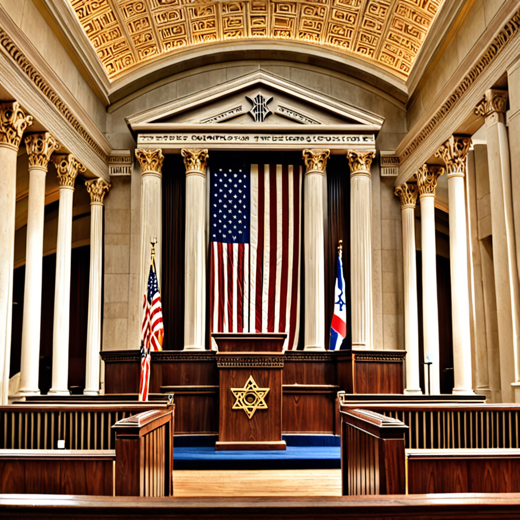 synagogue bimah with israel and american flags
