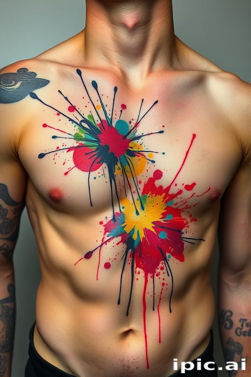 Vibrant Body Art: Colorful Splashes of Paint on a Muscular Chest