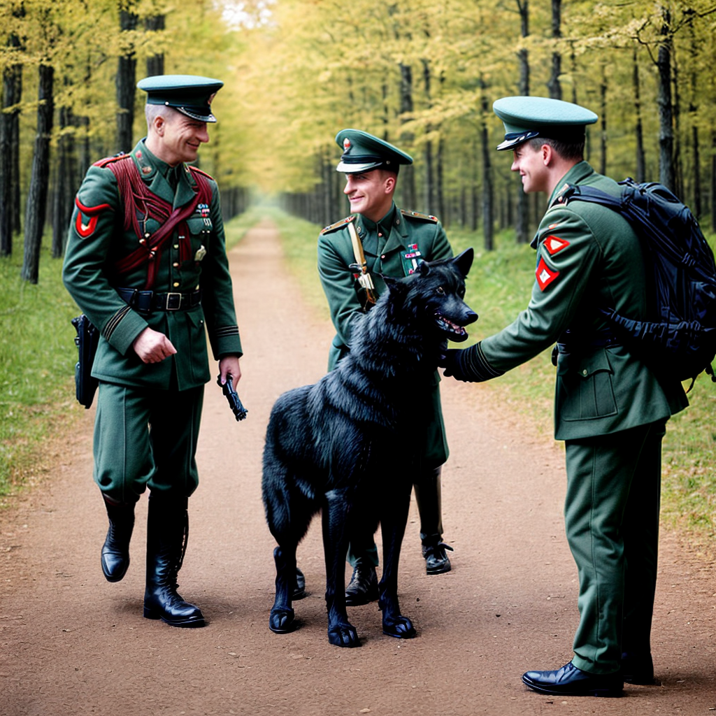 German soldier in world war II meeting a wolf in forrest