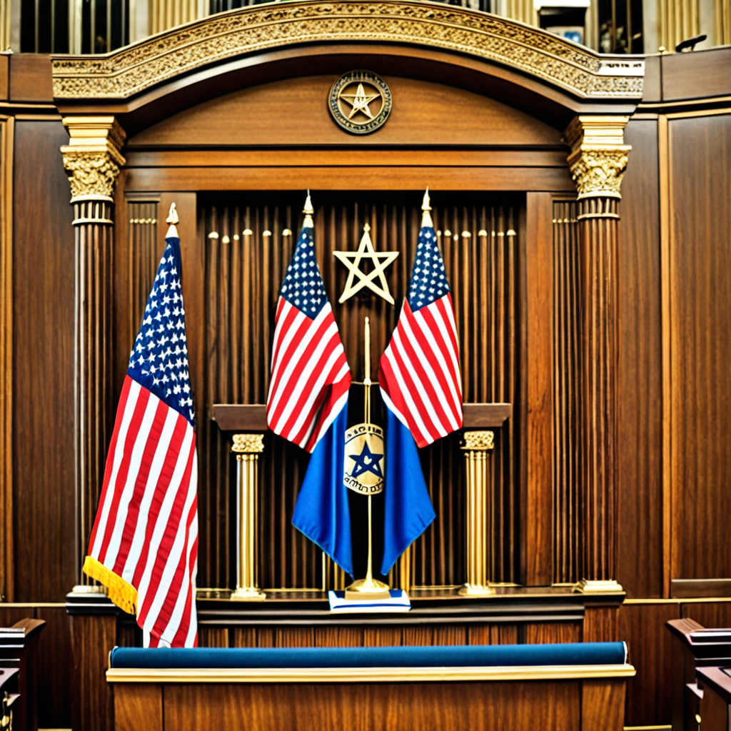 close up of synagogue bimah with israel and american flags