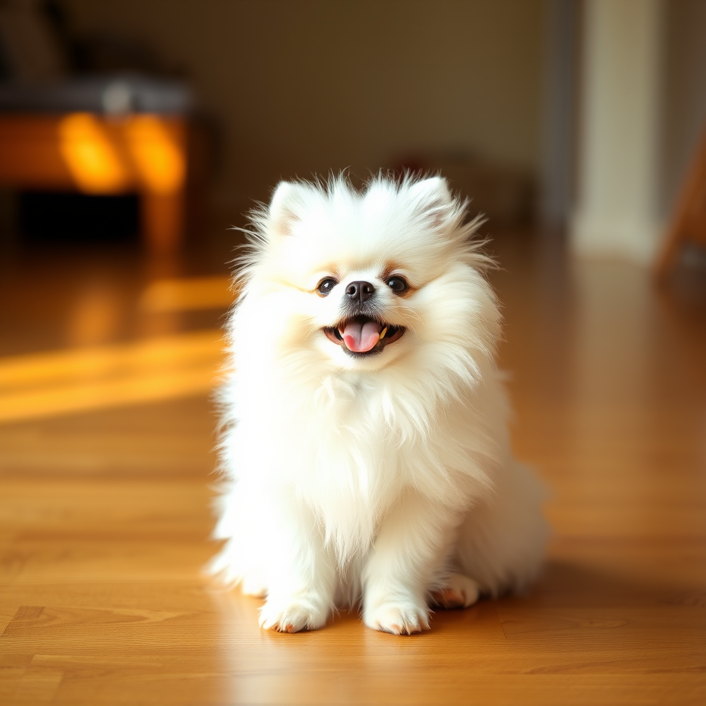 A Cheerful Pomeranian Dog Sitting Happily in a Sunlit Room