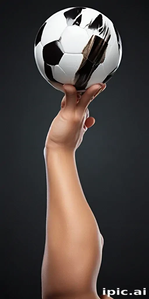 Dynamic Moment of a Hand Holding a Shiny Soccer Ball High
