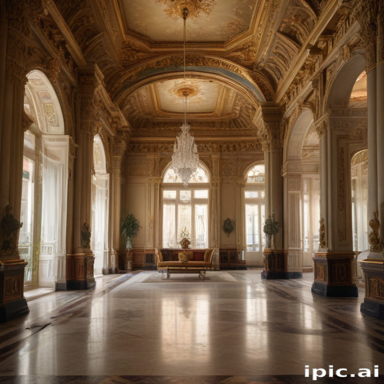 Elegant Grand Hall with Intricate Architecture and Luxurious Chandelier ...