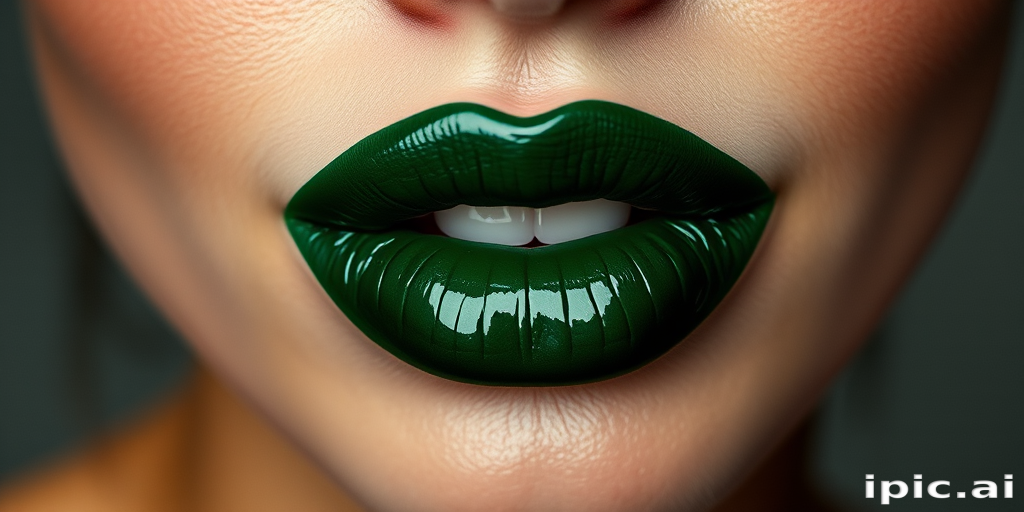 Stunning Close-Up of Glossy Green Lips Highlighting Bold Makeup Trends