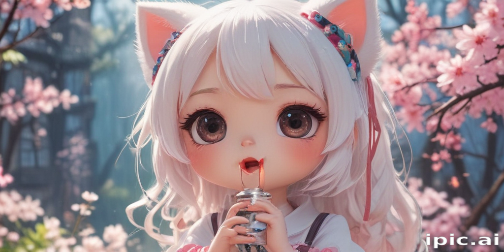 Adorable Anime Character Enjoying a Drink Under Cherry Blossom Trees