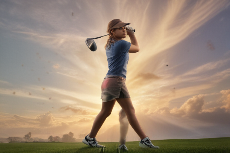 Sunset Golfer: A Young Woman Perfecting Her Swing on the Course