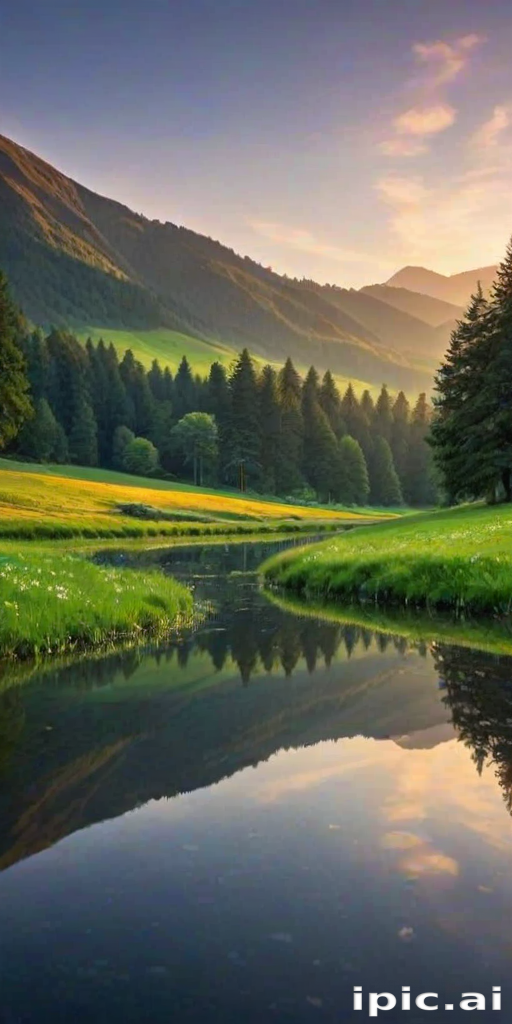Serene Landscape of Mountains Reflected in a Tranquil River at Sunset