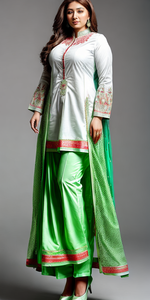 Pakistani Curvaceous Chubby Female "Maryam Nawaz Sharif", White Leggings, Green Long Kameez