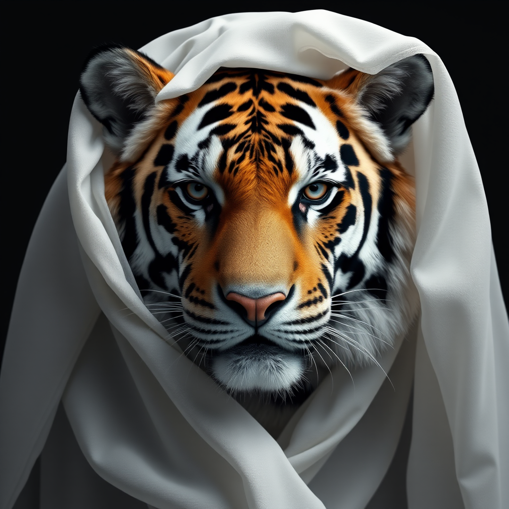 A Majestic Tiger Wrapped in a Soft White Fabric Embracing Its Power.