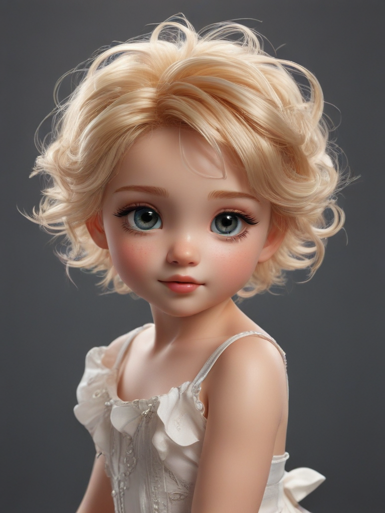 Charming Portrait of a Young Doll with Curly Blond Hair and Big Eyes