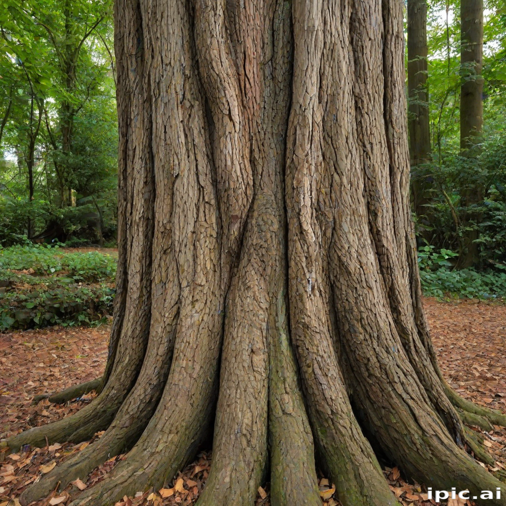 Majestic Tree Trunk Surrounded by Lush Greenery and Fallen Leaves.