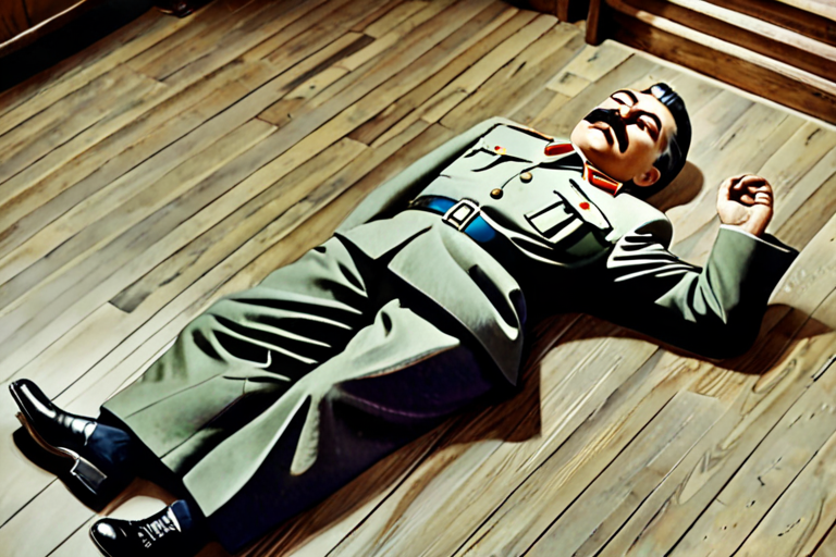 Josef Stalin with closed eyes laying on back near table on the floor ...