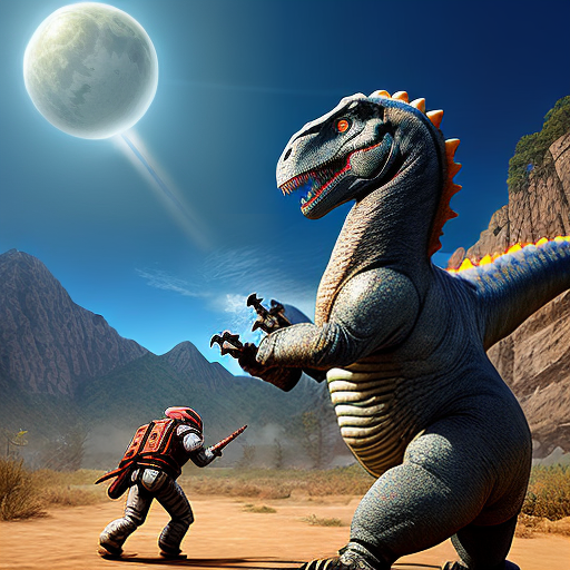 Dinosaur fighting versus a robot, in saturn, realisctic