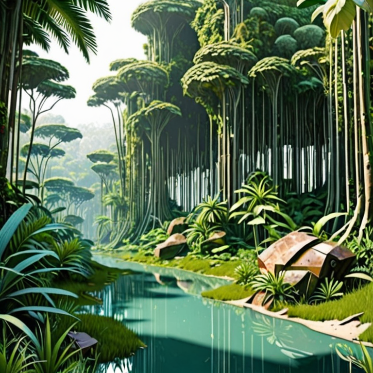 realistic solarpunk jungle and meadow landscape