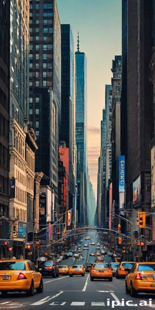 Vibrant Cityscape of New York with Iconic Yellow Taxis and Skyscrapers.