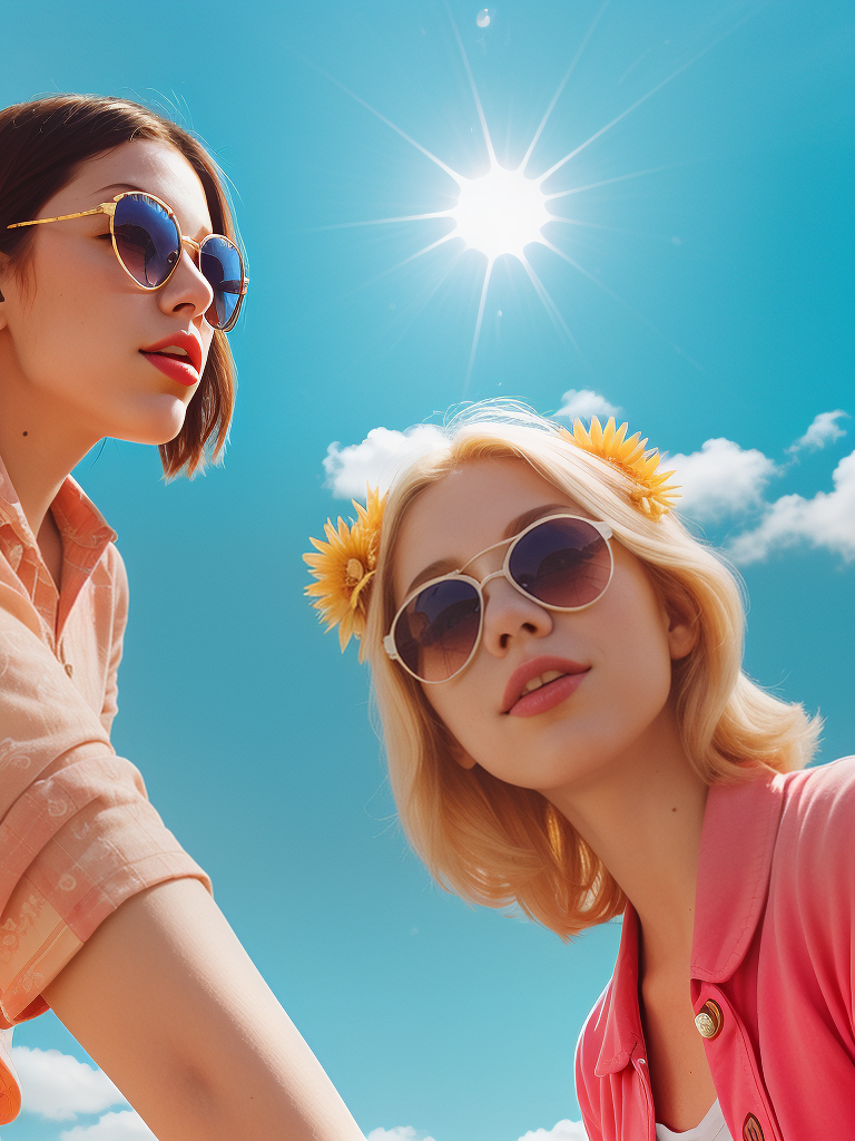 Two Stylish Friends Enjoying a Sunny Day Under a Bright Blue Sky