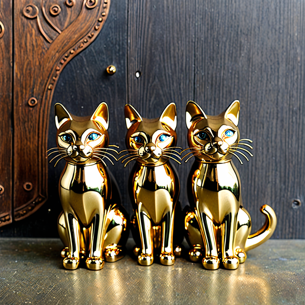 3 metallic cat statues