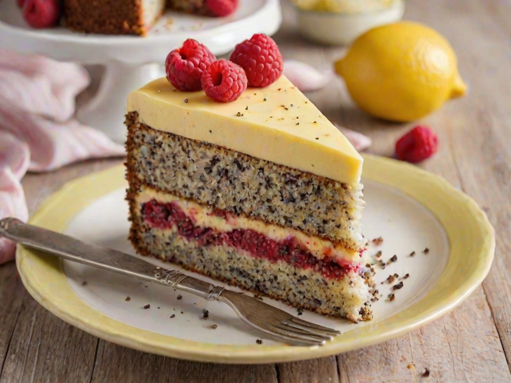Delicious Lemon Raspberry Cake Slice Garnished with Fresh Raspberries ...
