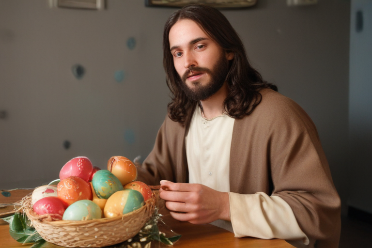 Jesus Christ eating Easter eggs