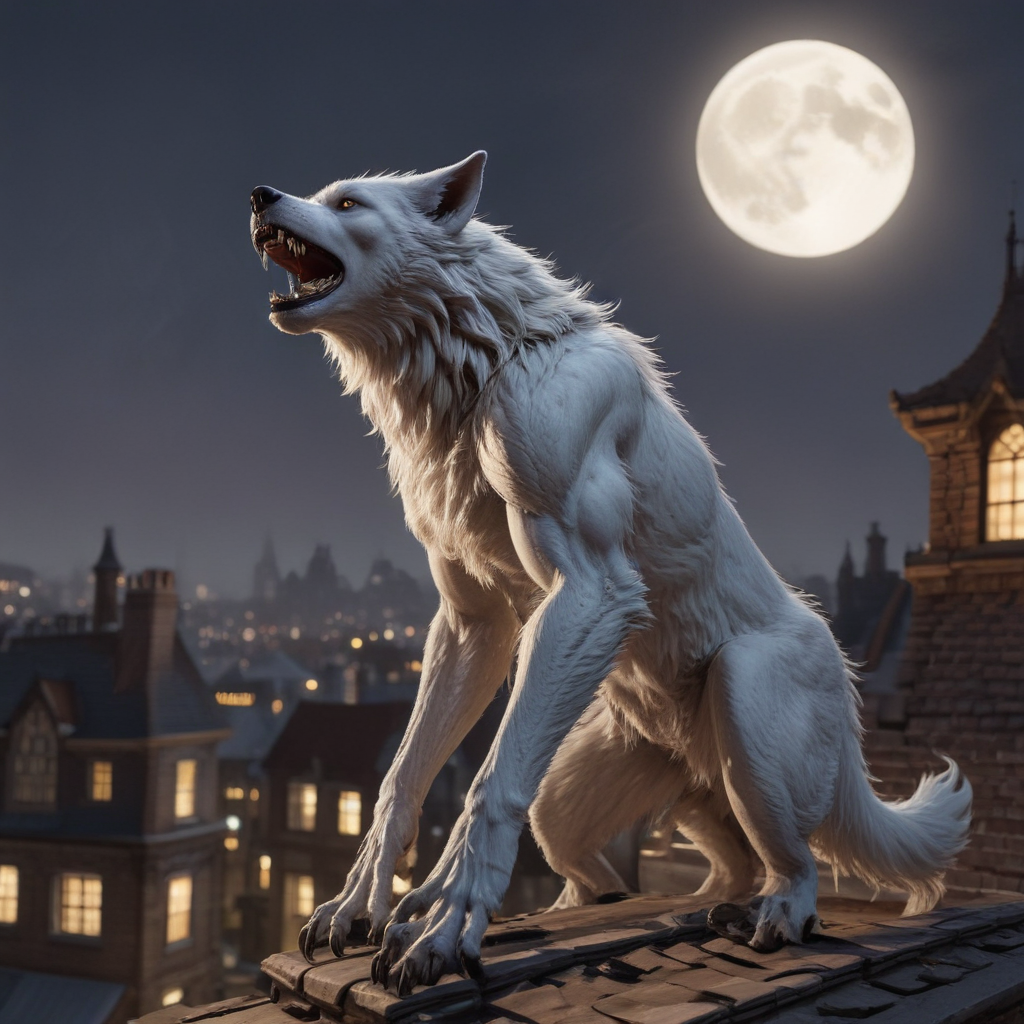 white werewolf howling at the moon on a rooftop in a medievil looking city