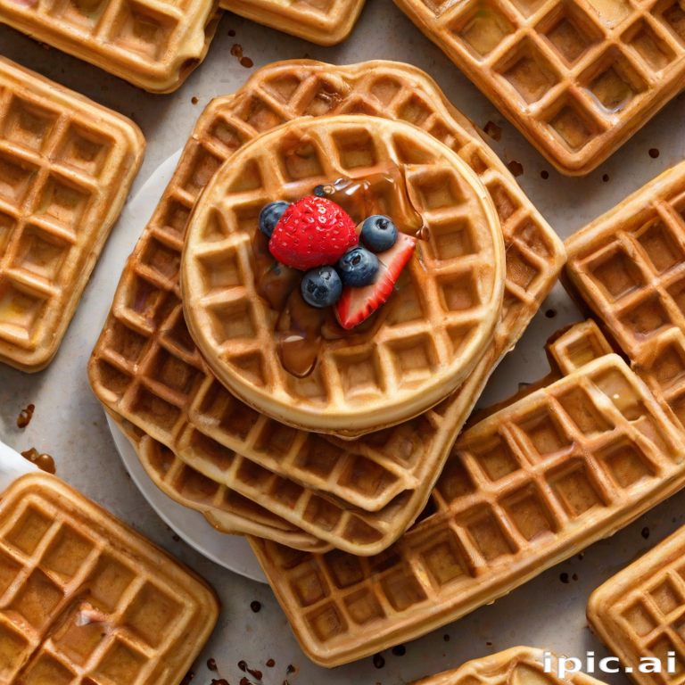 A Delicious Stack of Golden Waffles Topped with Fresh Berries and Syrup.