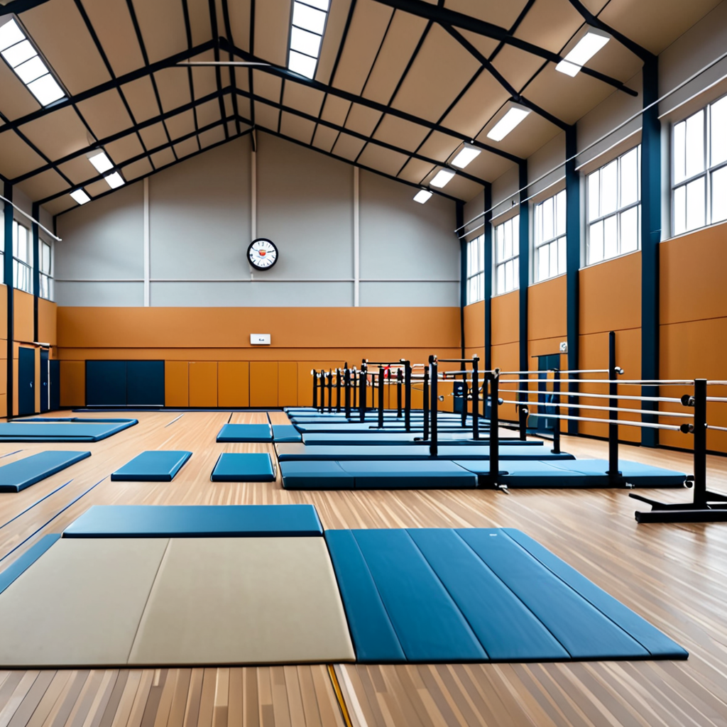 Empty gym for gymnastics. No people. Flat colors.
