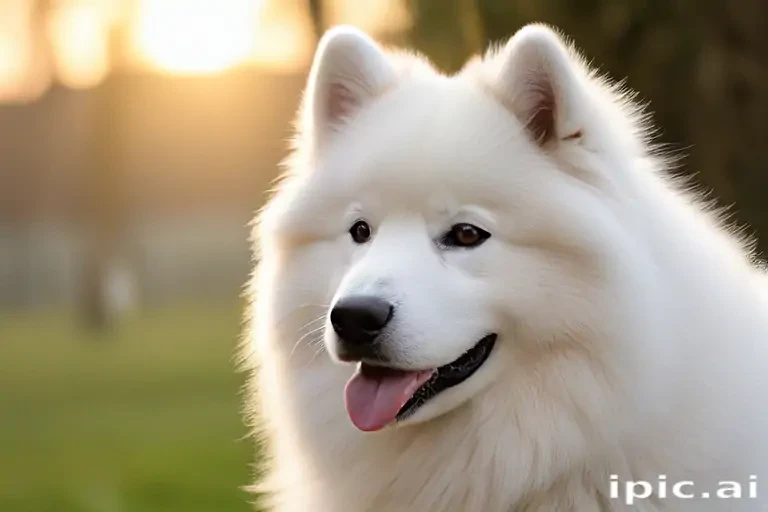 A Majestic Samoyed Dog Smiling Happily in a Beautiful Sunset Setting