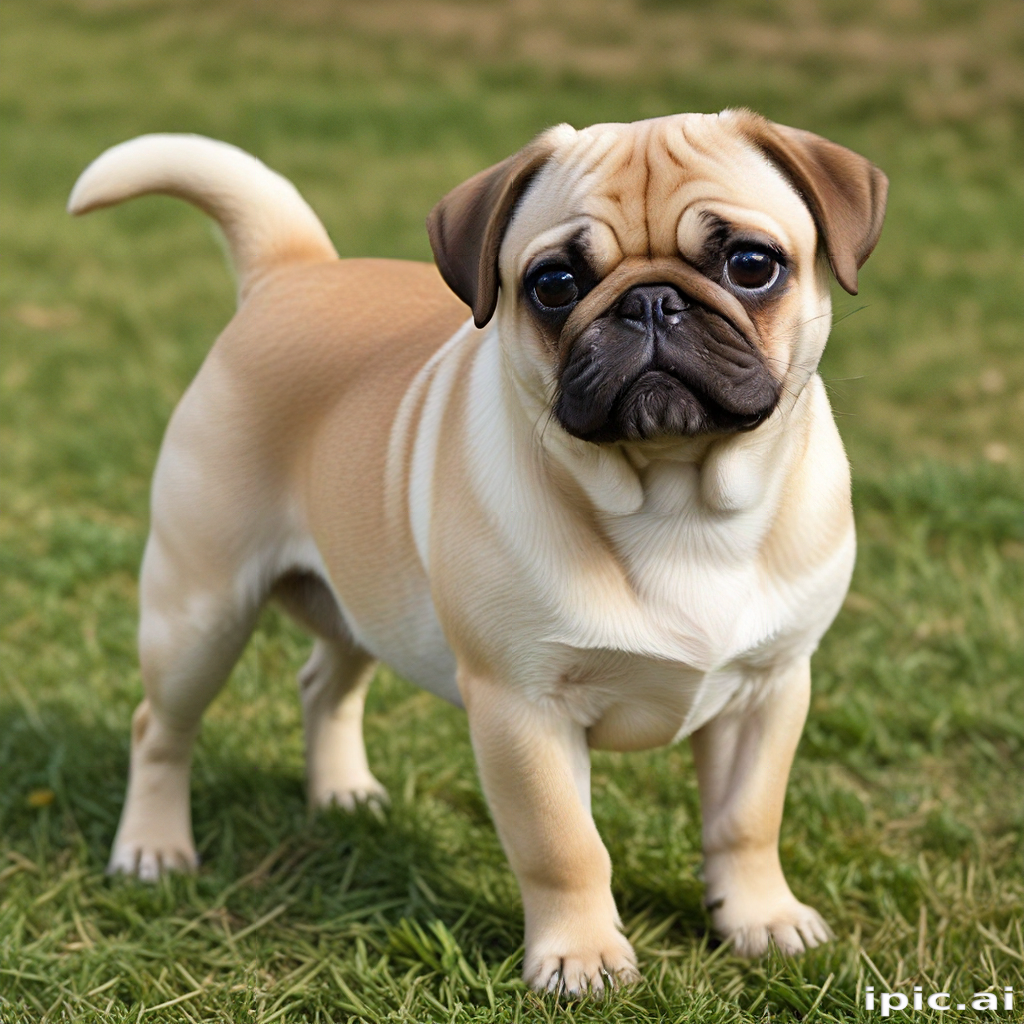 A Playful Pug Puppy Standing Happily in a Lush Green Field