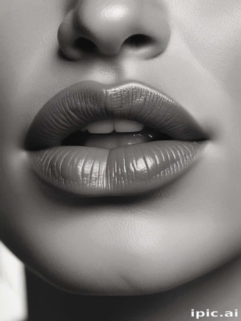 Close-Up of Smooth Lips and Subtle Facial Features in Monochrome