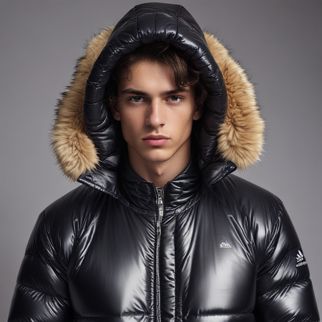 Male supermodel adidas shiny puffer jacket bling jewellery hood