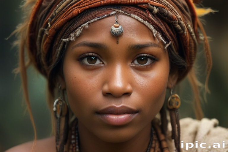 Portrait of a Young Woman Adorned with Cultural Jewelry and Accessories.