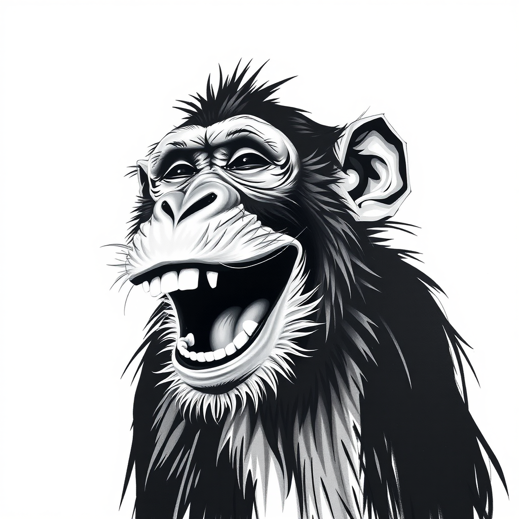 A Happy Chimpanzee Smiling Joyfully Against a Plain White Background.