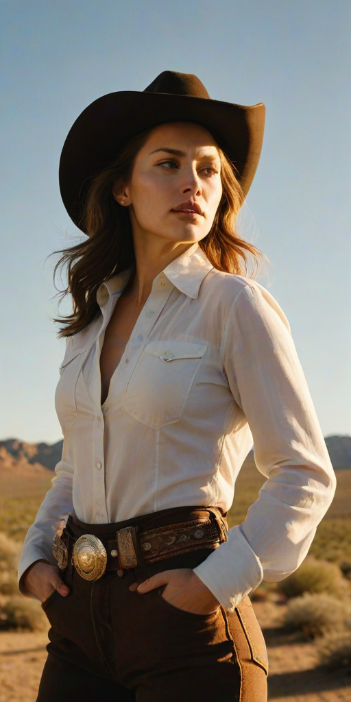 Sunset Portrait of a Confident Cowgirl in Western Attire and Hat