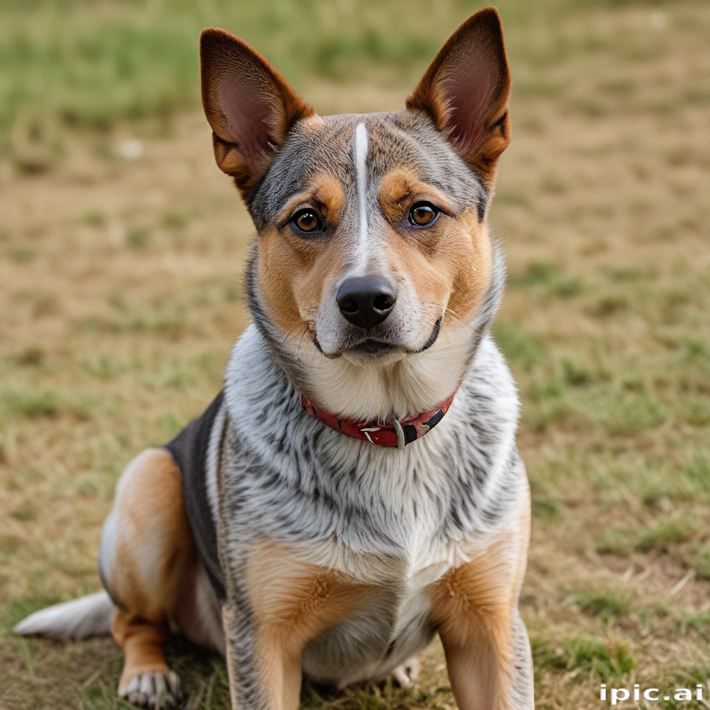 A Playful Dog Sitting Happily in a Sunny Outdoor Field.