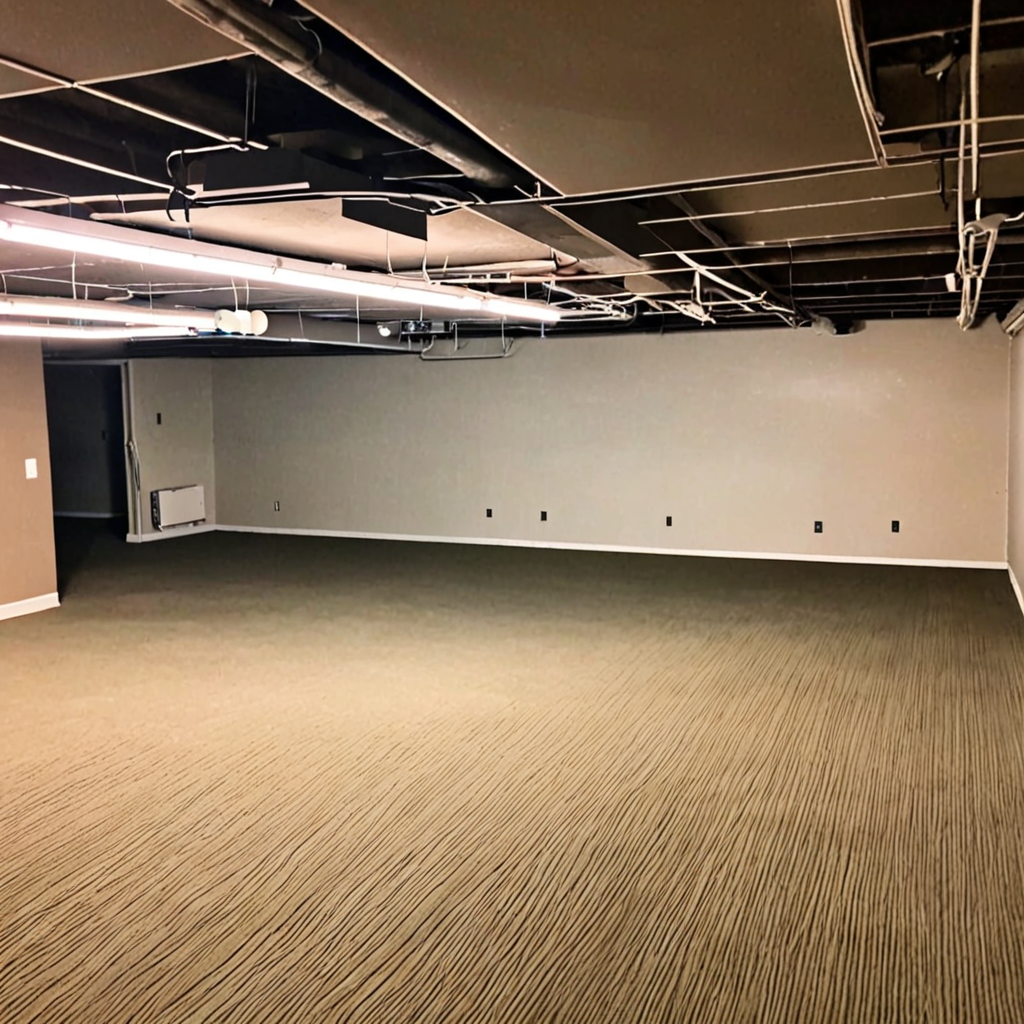 Empty basement in the house. No people. Flat colors.