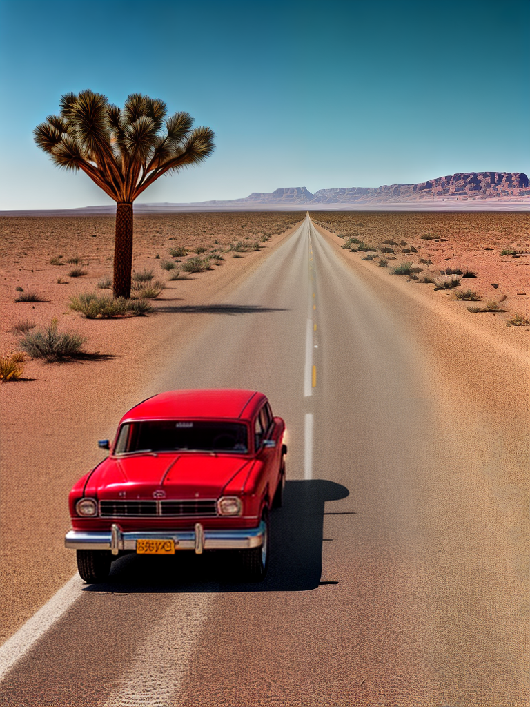 red car running street desert, realistic image