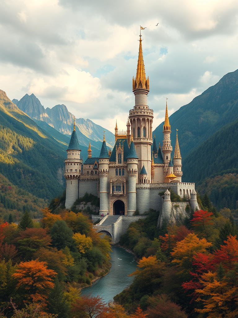 A Majestic Fairytale Castle Nestled Amidst Colorful Autumn Mountains