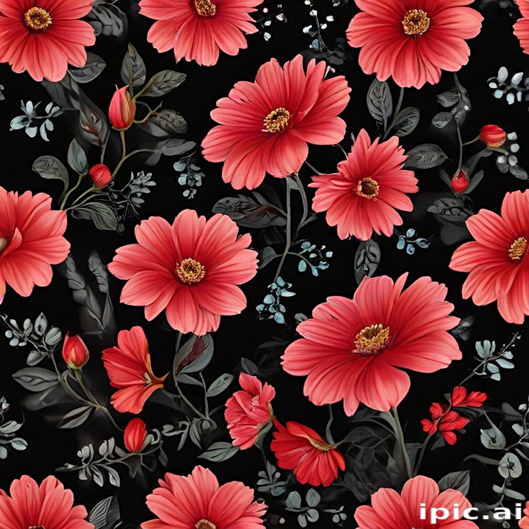 Vibrant Floral Pattern Featuring Bold Red Flowers Against a Dark Background