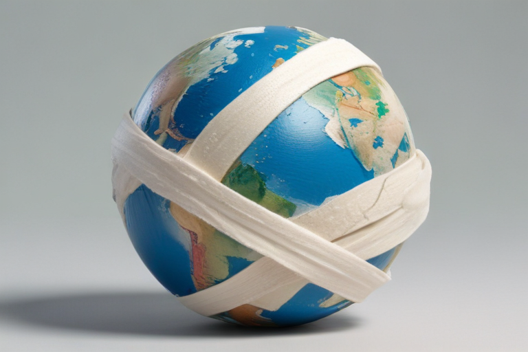 planet Earth with bandages wrapped around it.