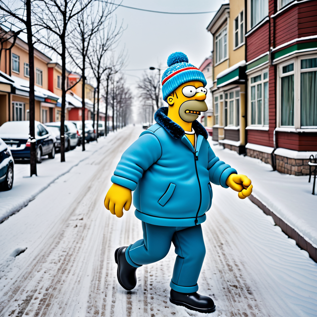 Russian Homer SImpson, clad in a ushanka and a warm coat, begins his ...